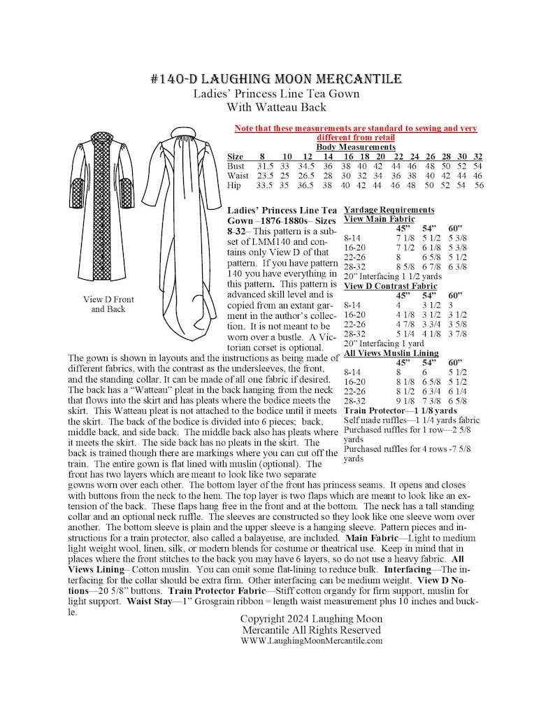 140-D Ladies Tea Gown With Watteau Back and Princess Seams Sizes 8-32 ...