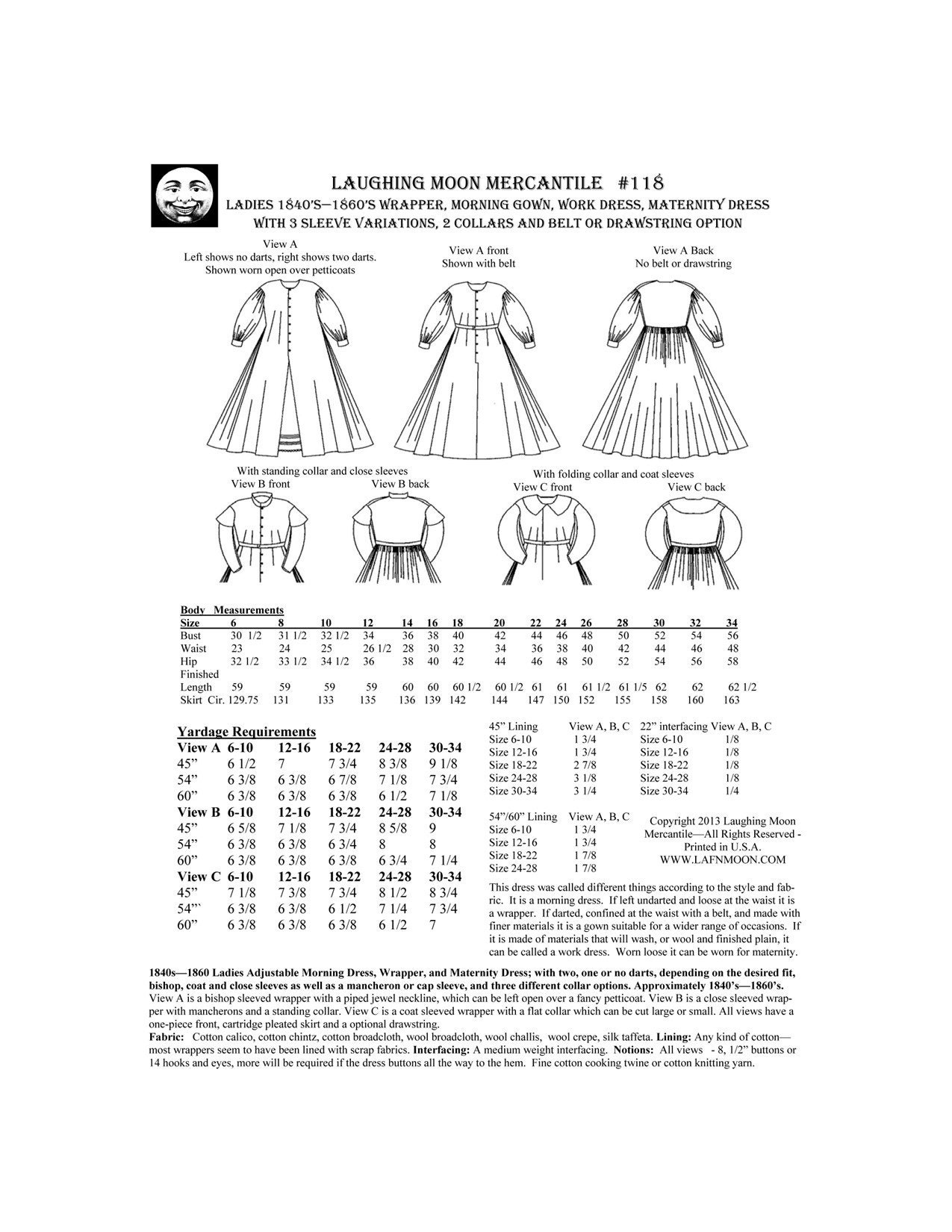 118 Wrapper, Work Dress, or Morning Gown 1840-1860 With Size Layers ...