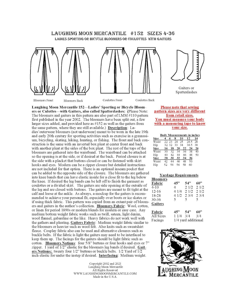 152 Sporting or Bicycle Bloomers With Gaiters - Laughing Moon ...