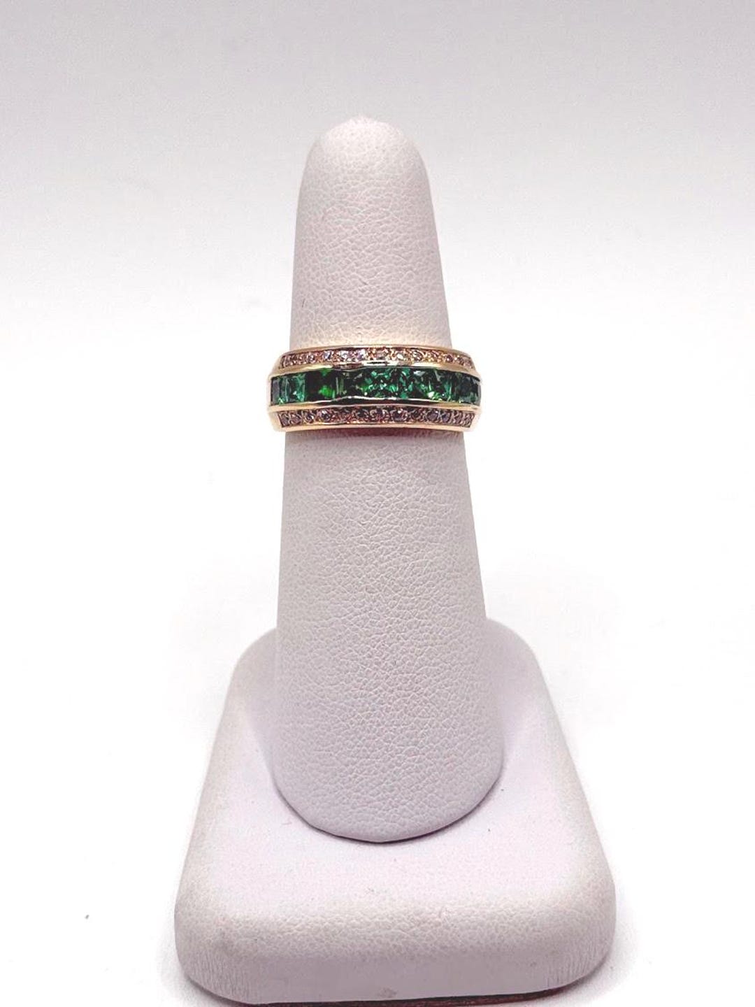 Not Natural_ 14K Yellow Gold Emerald & Diamond Band Ring, Channel Set ...