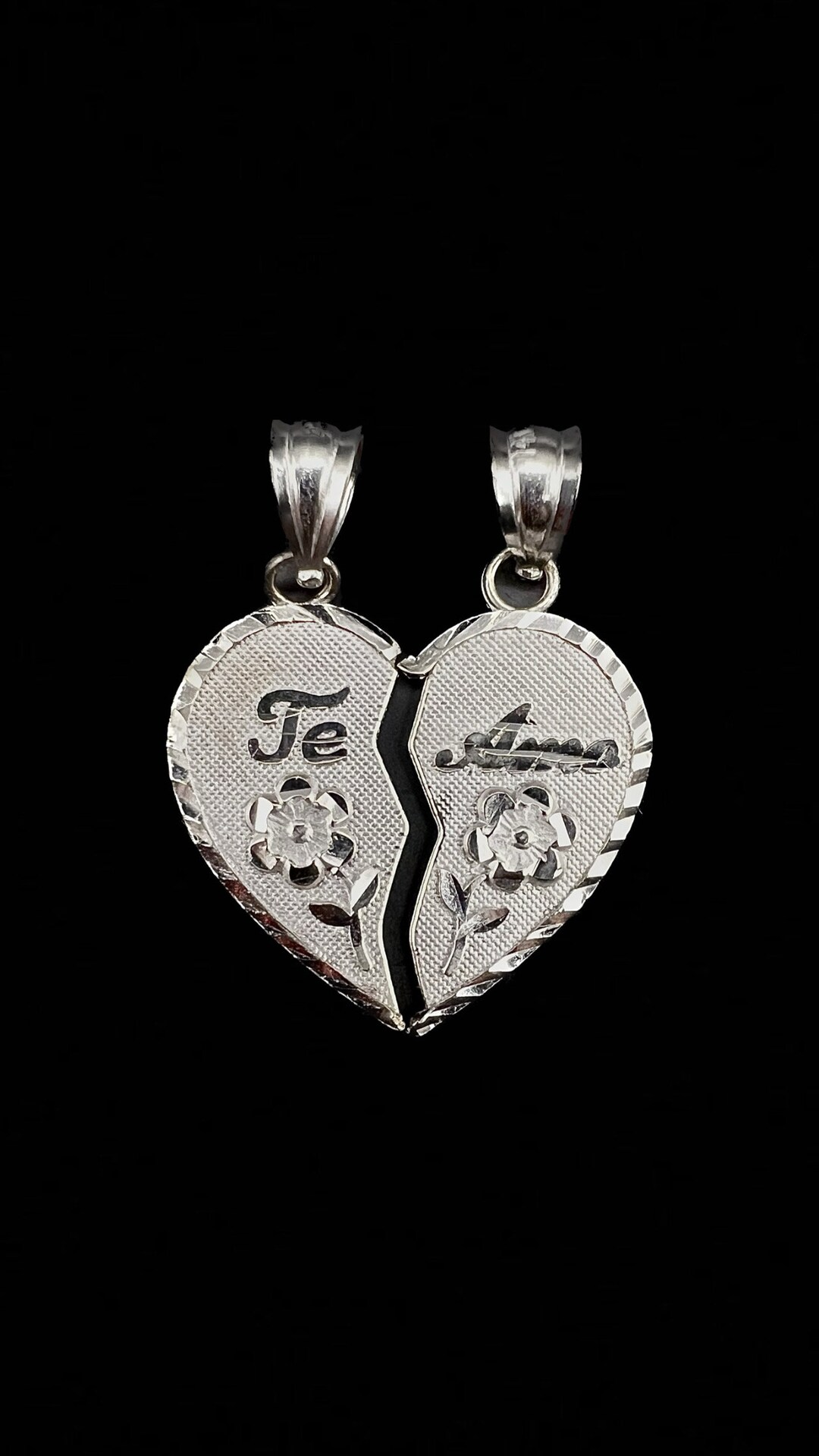 14k White Gold Split Heart Pendant - 'te Amo' Two-piece Charm - Etsy