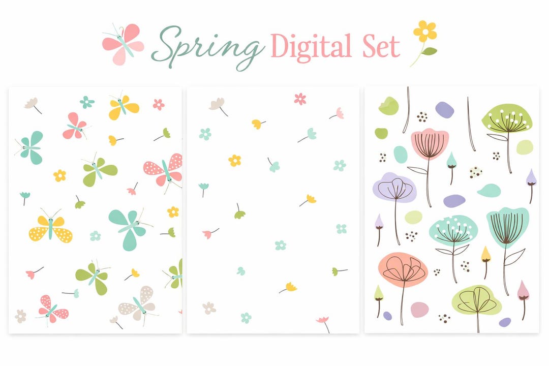 Spring Easter Digital Paper Set, Hand Drawn Butterflies, Floral ...