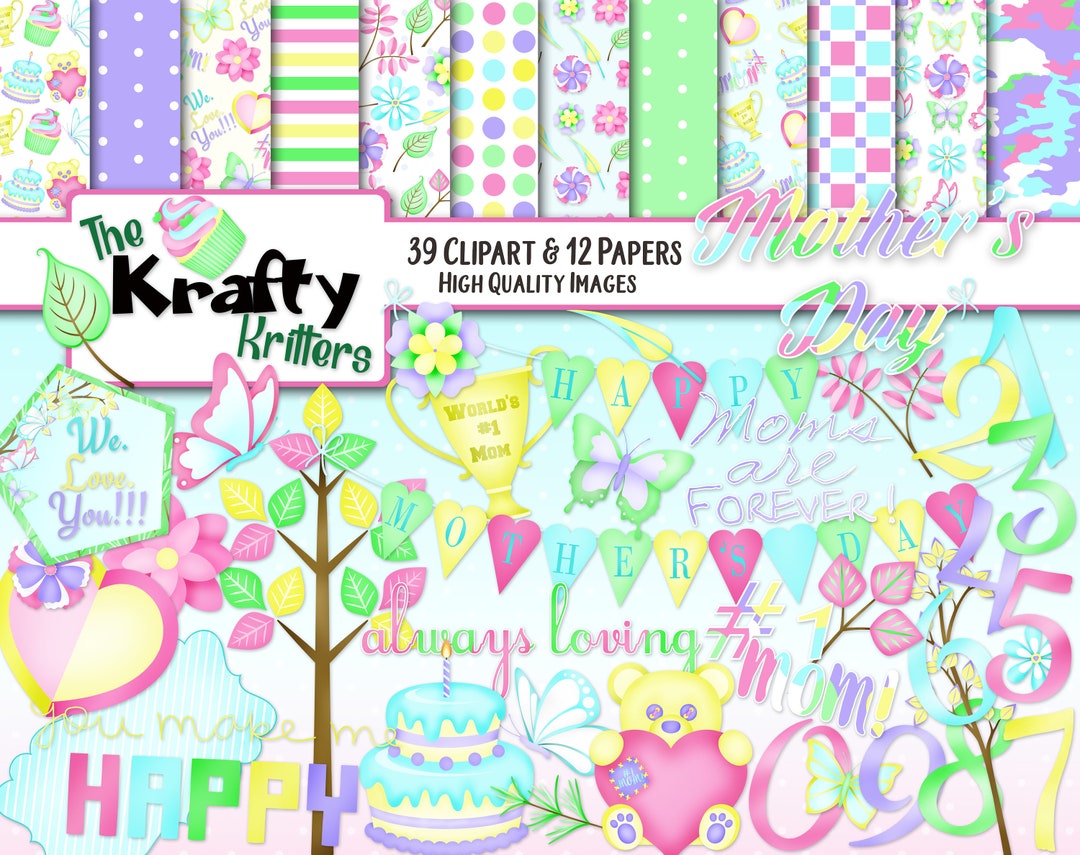 MOTHER'S DAY Digital Clipart & Papers Kit, 39 Png Cliparts, 12 Jpeg ...