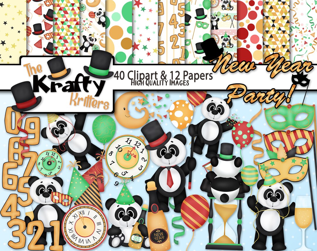 NEW YEAR PARTY! Digital Clipart & Papers Kit, 40 Png Cliparts, 12 Jpeg ...