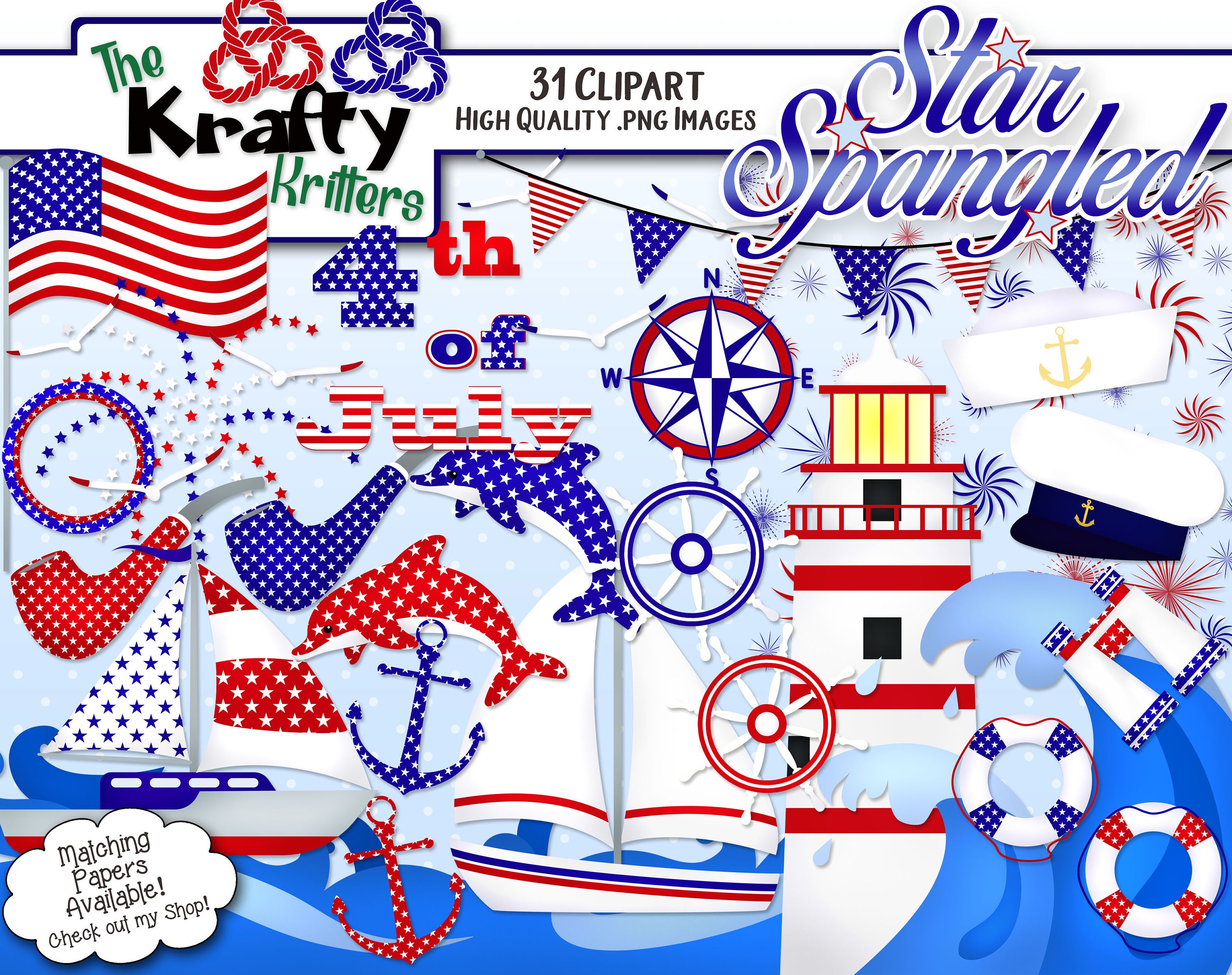STAR SPANGLED Clipart & Papers Kit, 31 Png Cliparts, 12 Jpeg Papers ...