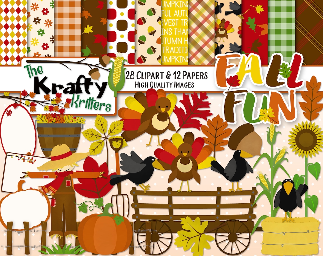 FALL FUN Clipart & Papers Kit, 28 Png Cliparts, 12 Jpeg Papers Instant ...