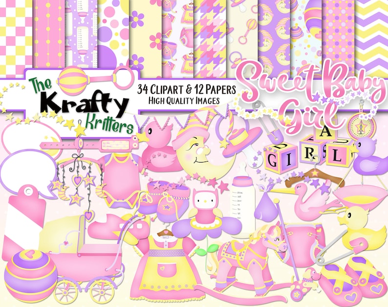 SWEET BABY GIRL Digital Clipart & Papers Kit, 34 Png Cliparts, 12 Jpeg ...
