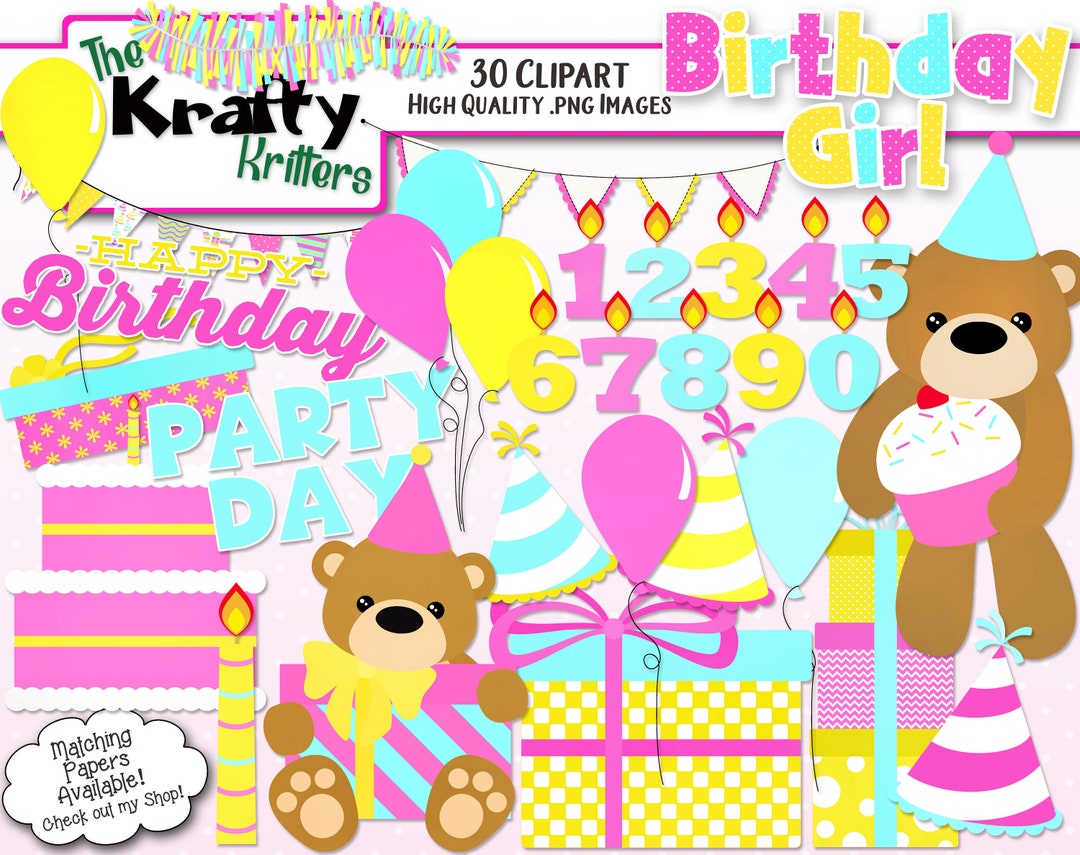 BIRTHDAY GIRL Digital Clipart, 30 High Qualiy Png Cliparts, Instant ...