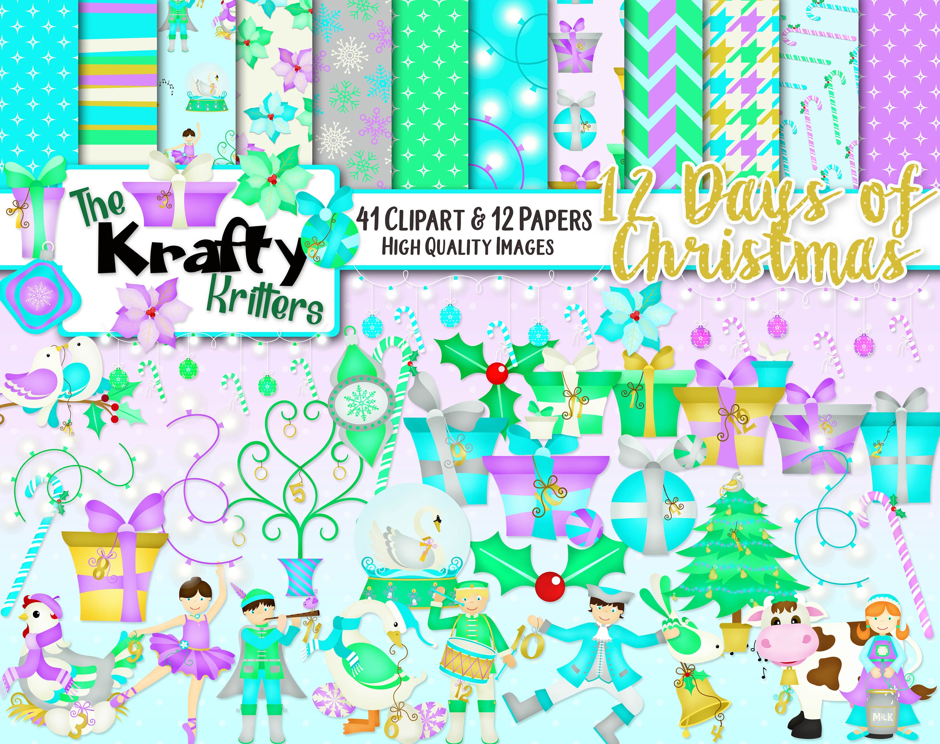 12 DAYS OF CHRISTMAS Clipart & Papers Kit 41 Png Cliparts 12 - Etsy
