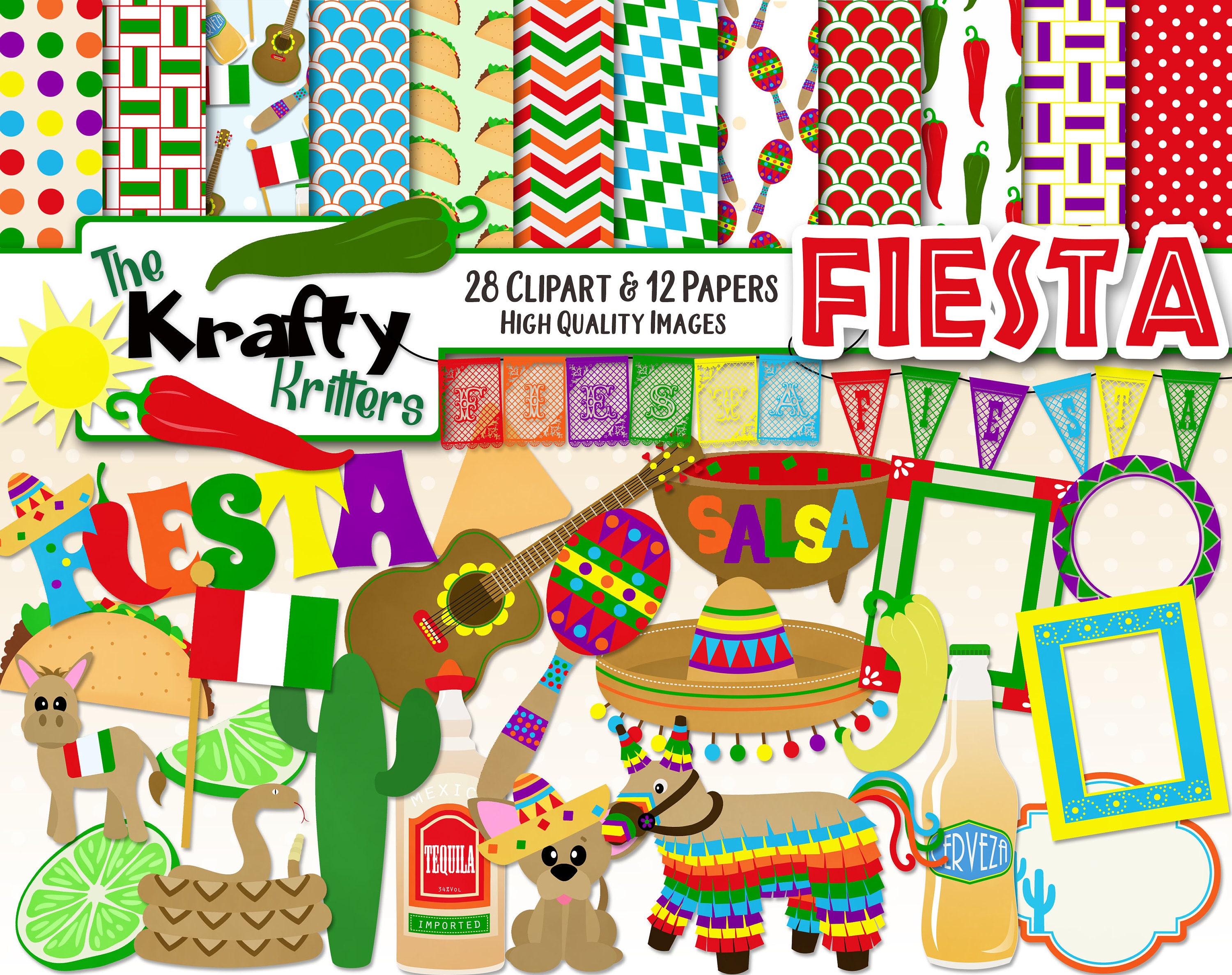 FIESTA Clipart & Papers Kit, 28 Png Cliparts, 12 Jpeg Papers Instant ...