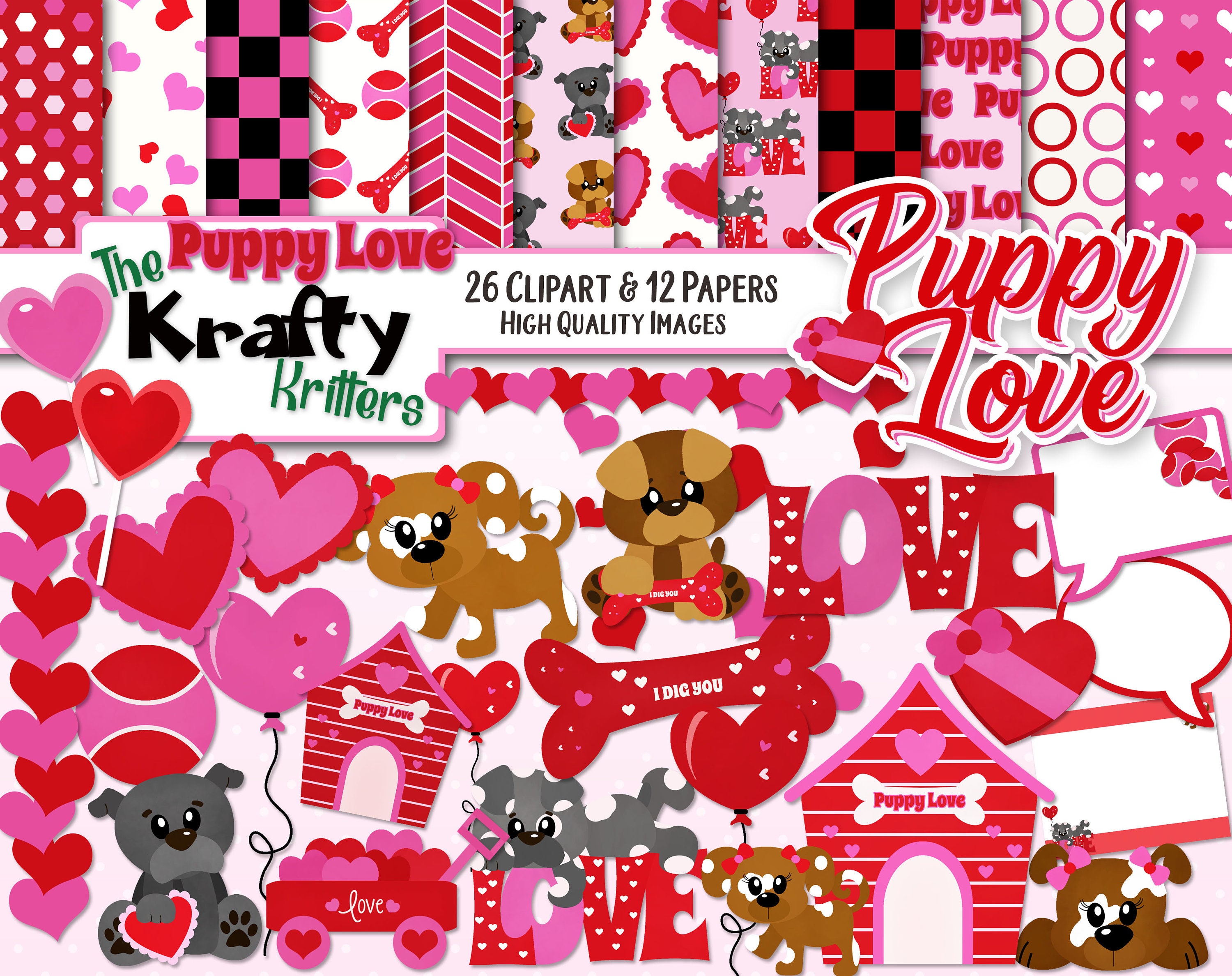 PUPPY LOVE Clipart & Papers Kit 26 Png Cliparts 12 Jpeg - Etsy