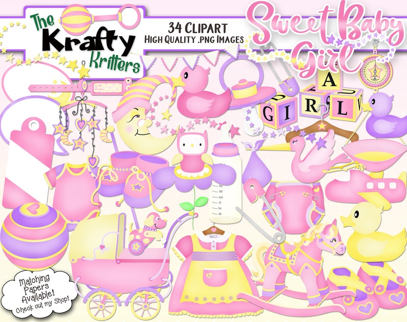 SWEET BABY GIRL Digital Clipart & Papers Kit, 34 Png Cliparts, 12 Jpeg ...