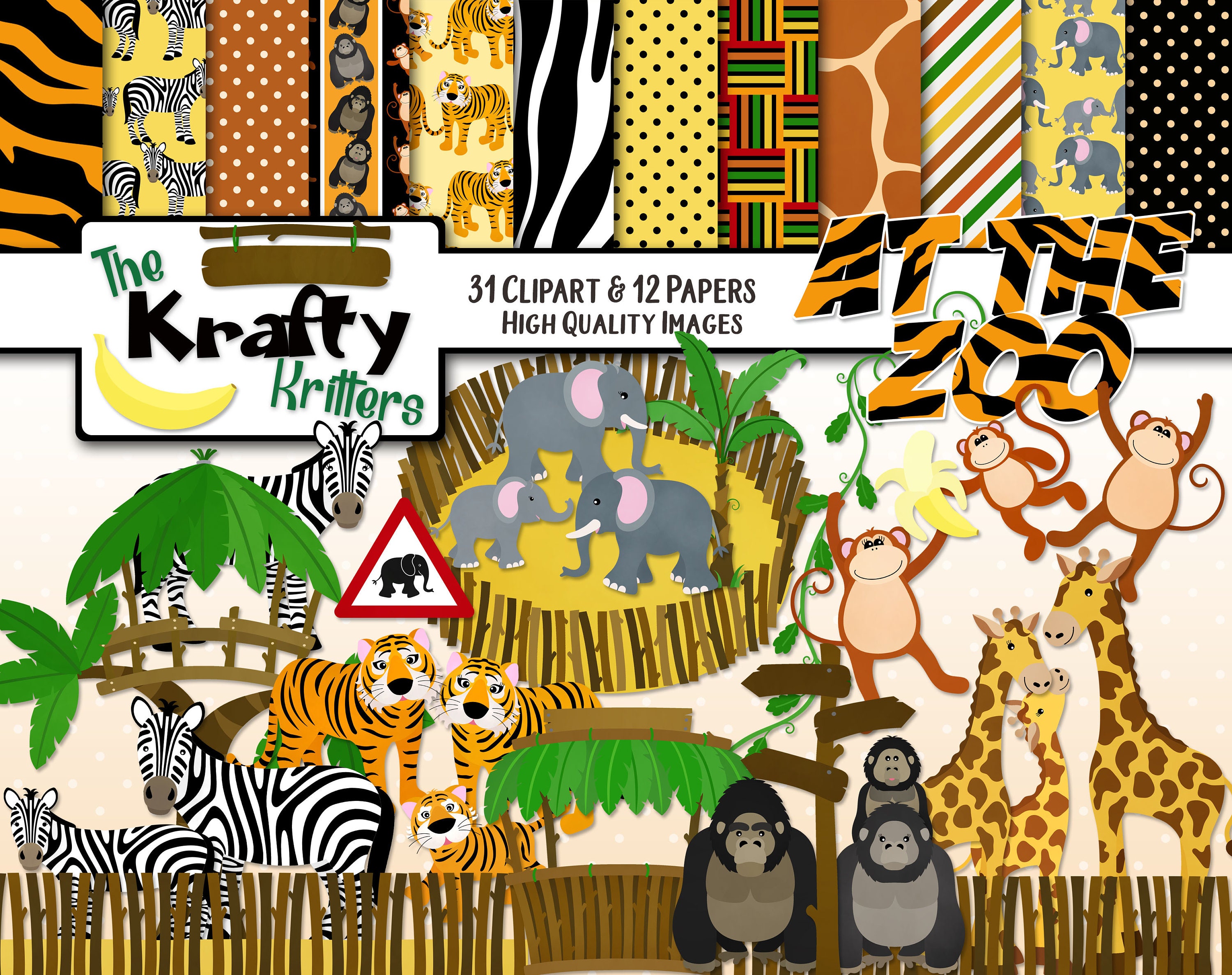 AT THE ZOO Clipart & Papers Kit, 31 Png Cliparts, 12 Jpeg Papers ...