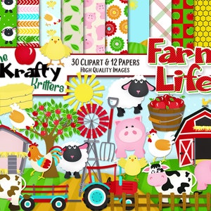 FARM LIFE Clipart & Papers Kit, 30 Png Cliparts, 12 Jpeg Papers Instant ...