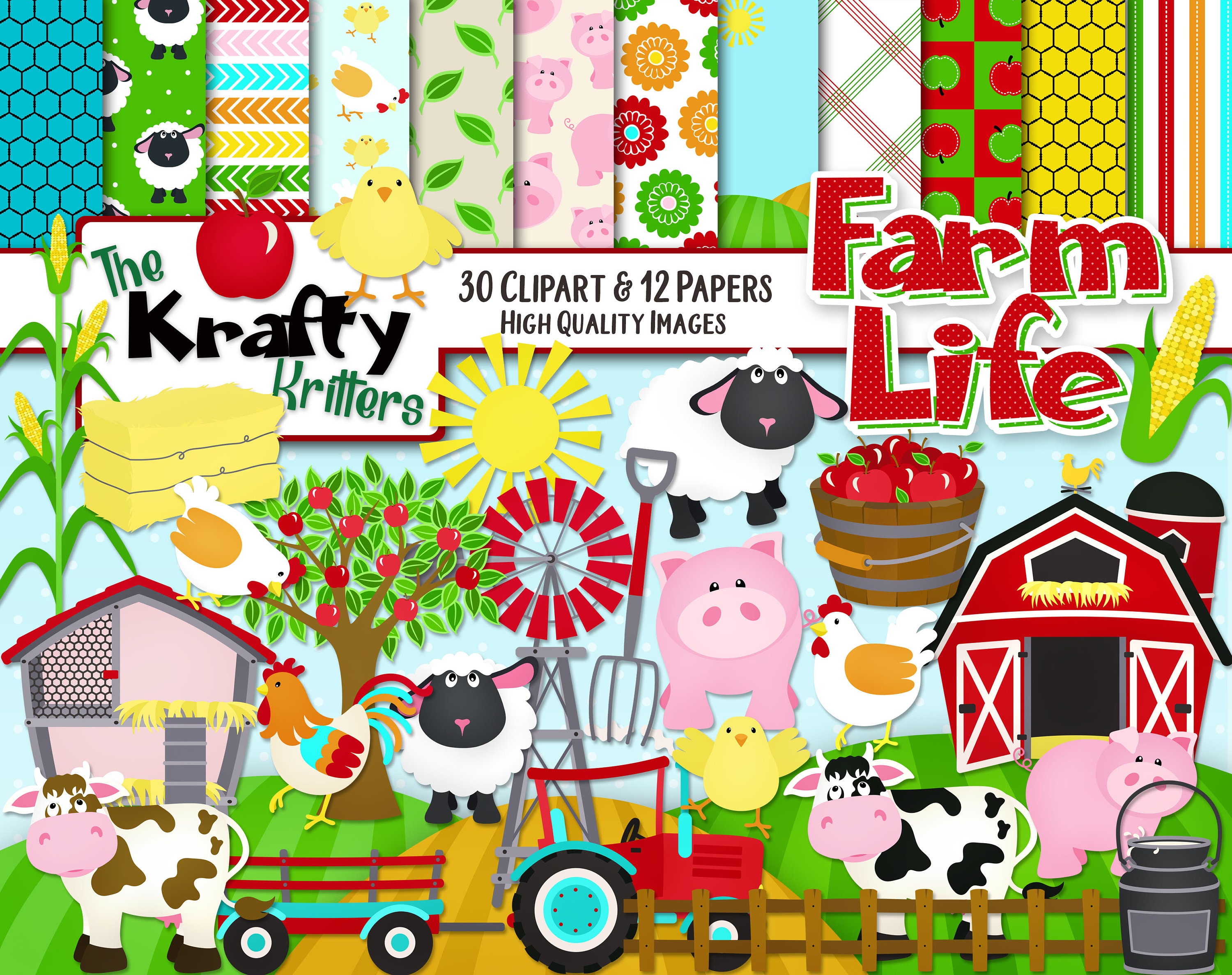 FARM LIFE Clipart & Papers Kit, 30 Png Cliparts, 12 Jpeg Papers Instant ...