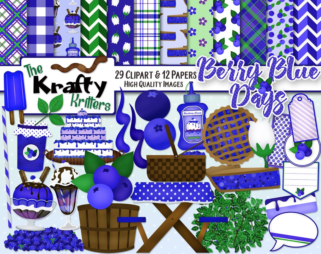 BERRY BLUE DAYS Clipart & Papers Kit, 29 Png Cliparts, 12 Jpeg Papers ...