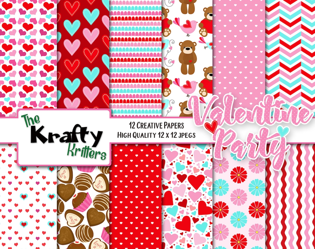 VALENTINE PARTY Digital Papers, 12 High Quality Jpeg Papers Instant ...