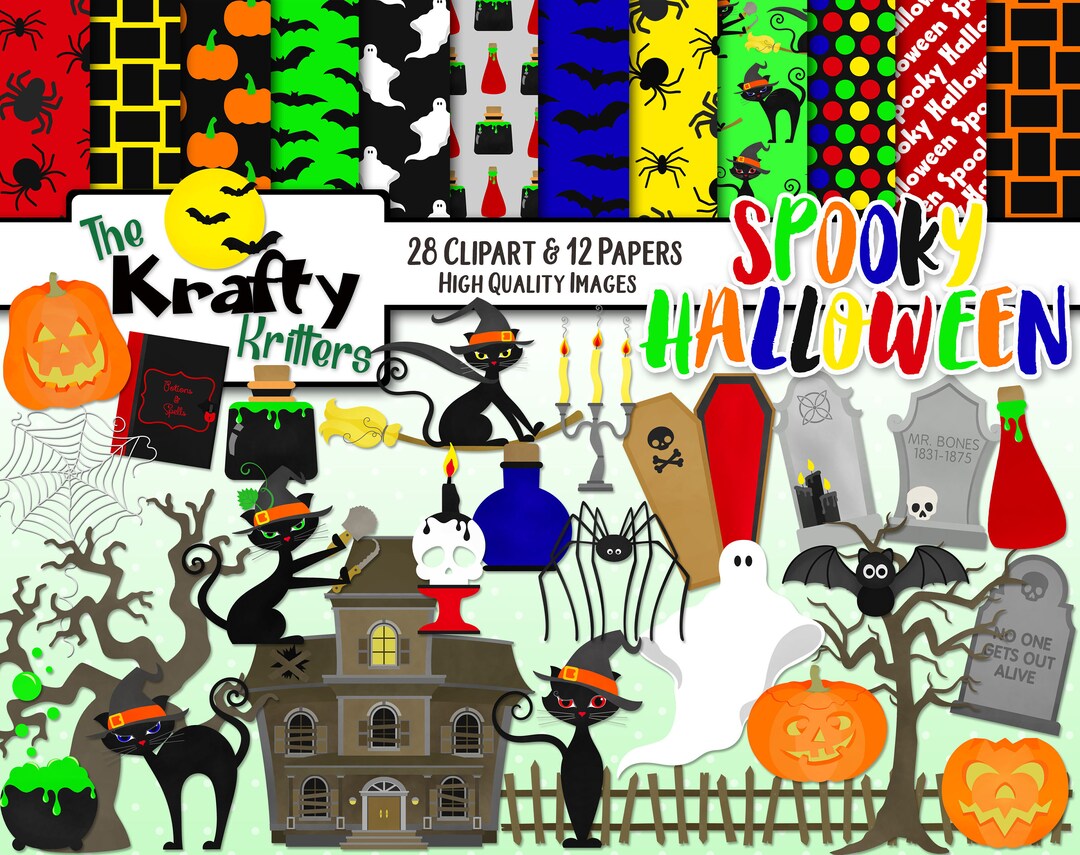SPOOKY HALLOWEEN Clipart & Papers Kit, 28 Png Cliparts, 12 Jpeg Papers ...