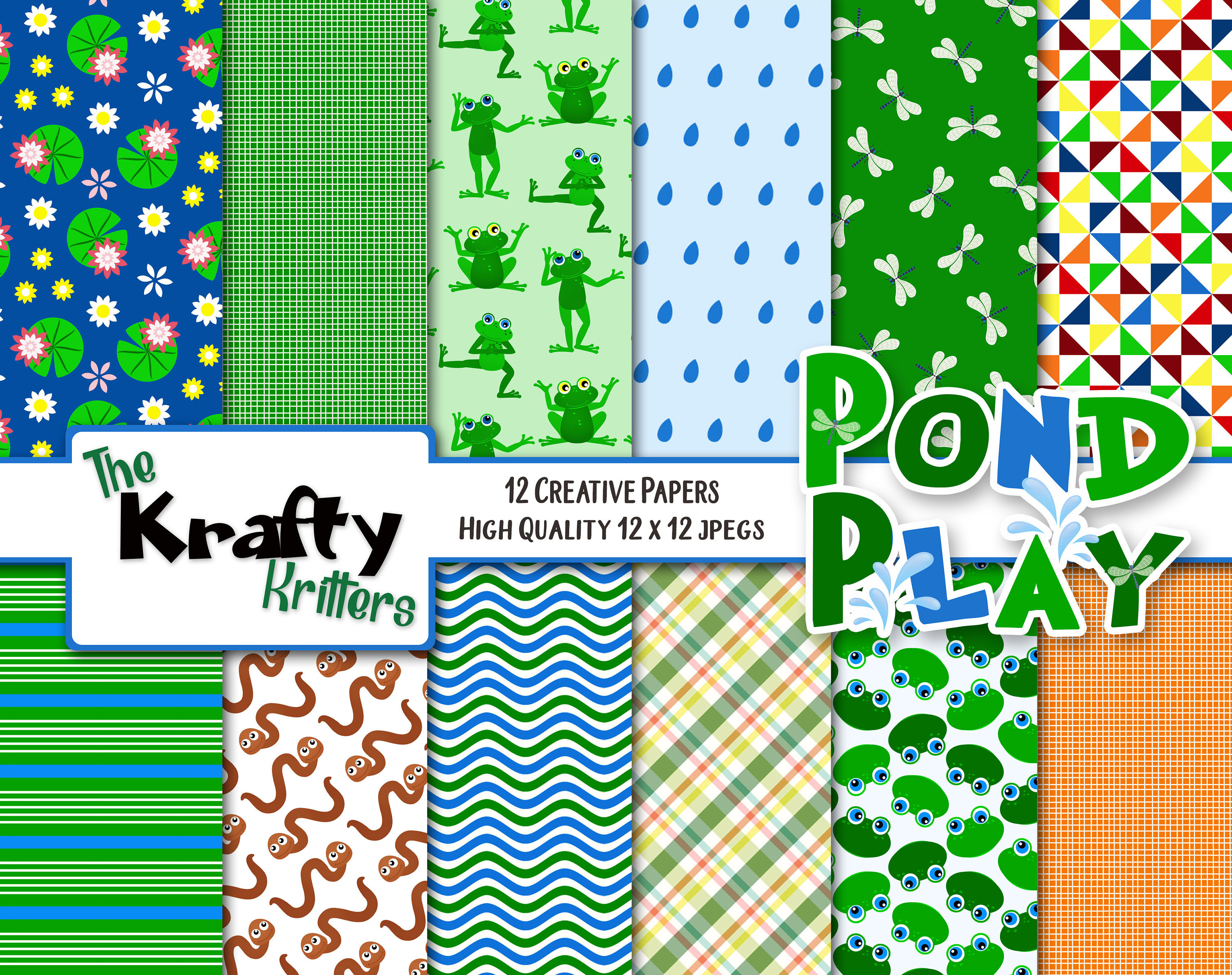 POND PLAY Digital Papers, 12 High Quality Jpeg Papers Instant Download ...