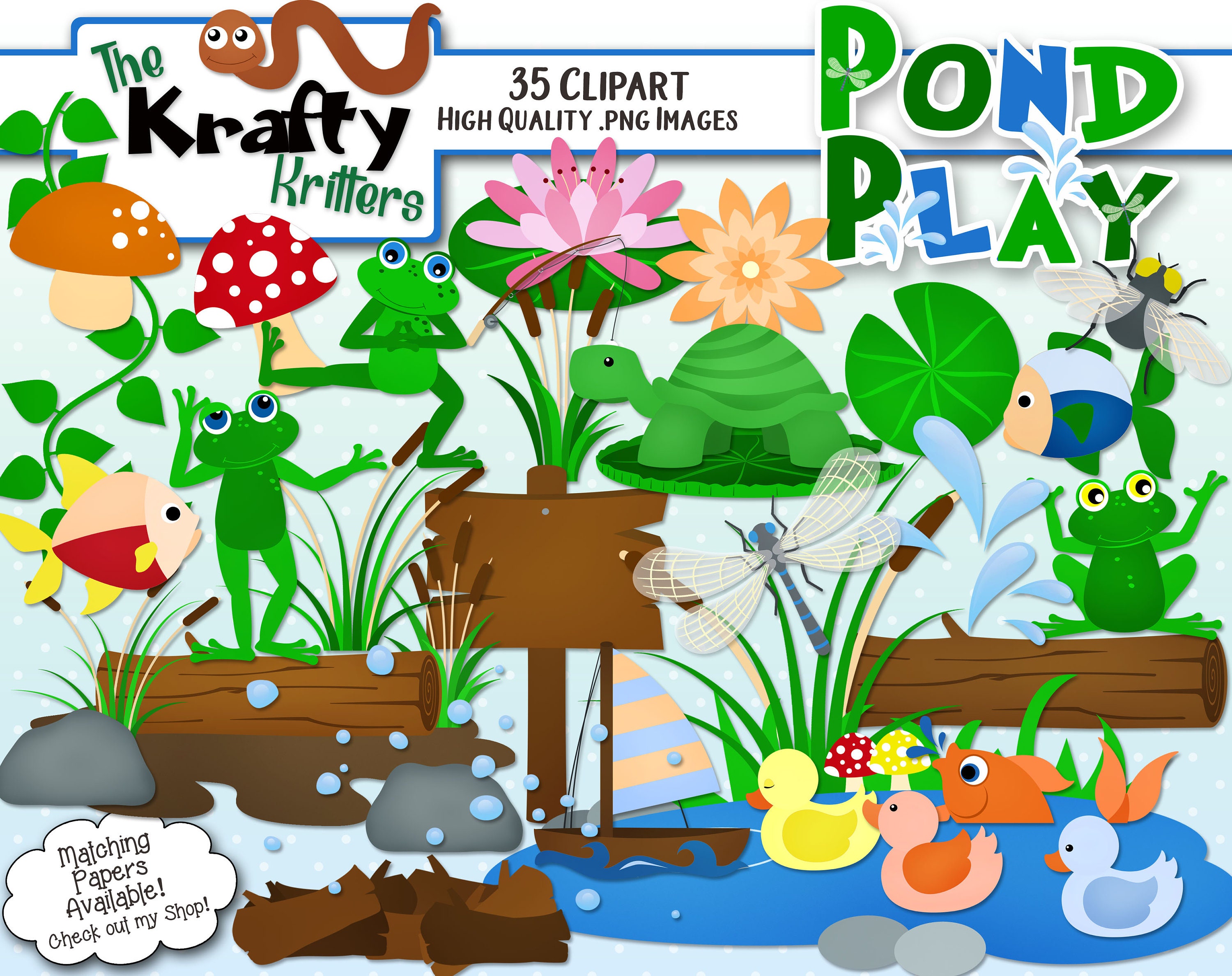 POND PLAY Clipart & Papers Kit, 35 Png Cliparts, 12 Jpeg Papers Instant ...