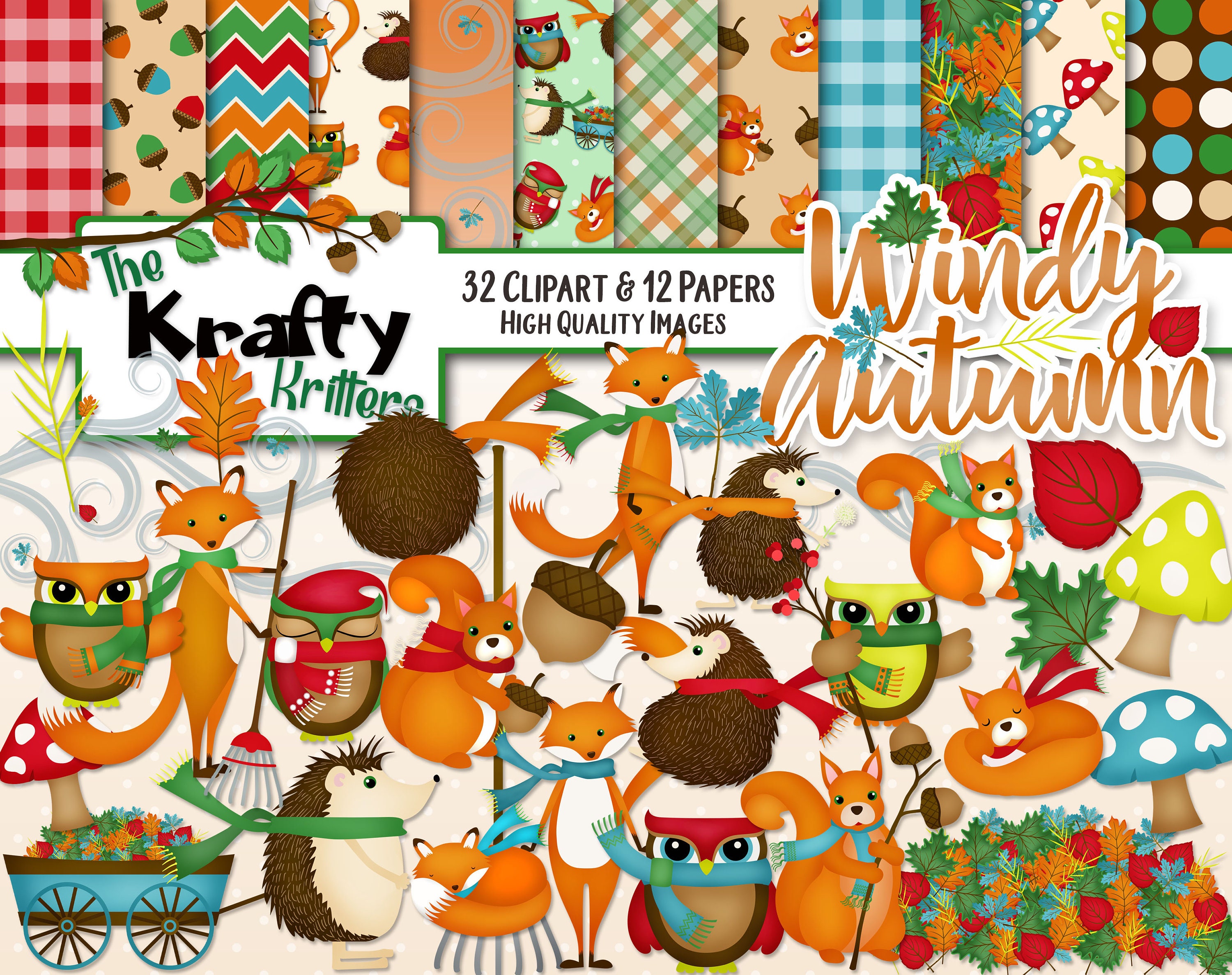 WINDY AUTUMN Clipart & Papers Kit 32 png Cliparts 12 jpeg | Etsy