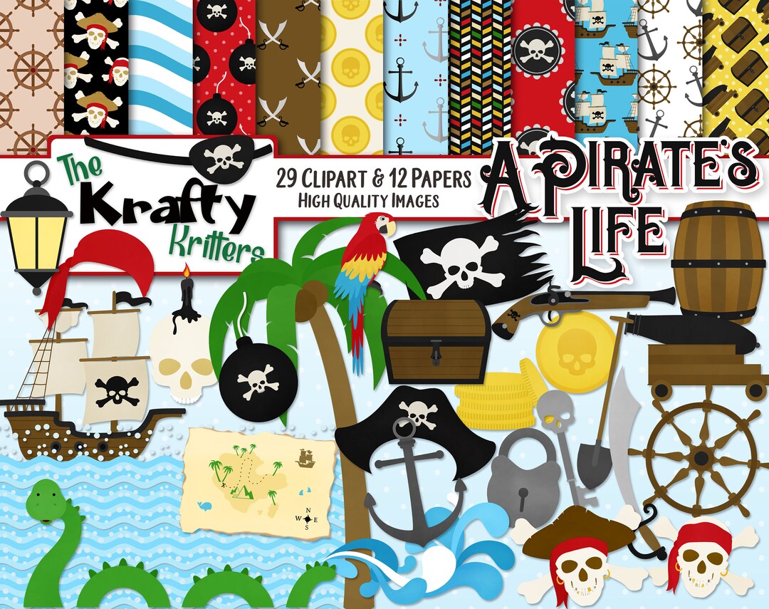 A PIRATE'S LIFE Digital Clipart & Papers Kit, 29 Png Cliparts, 12 Jpeg ...