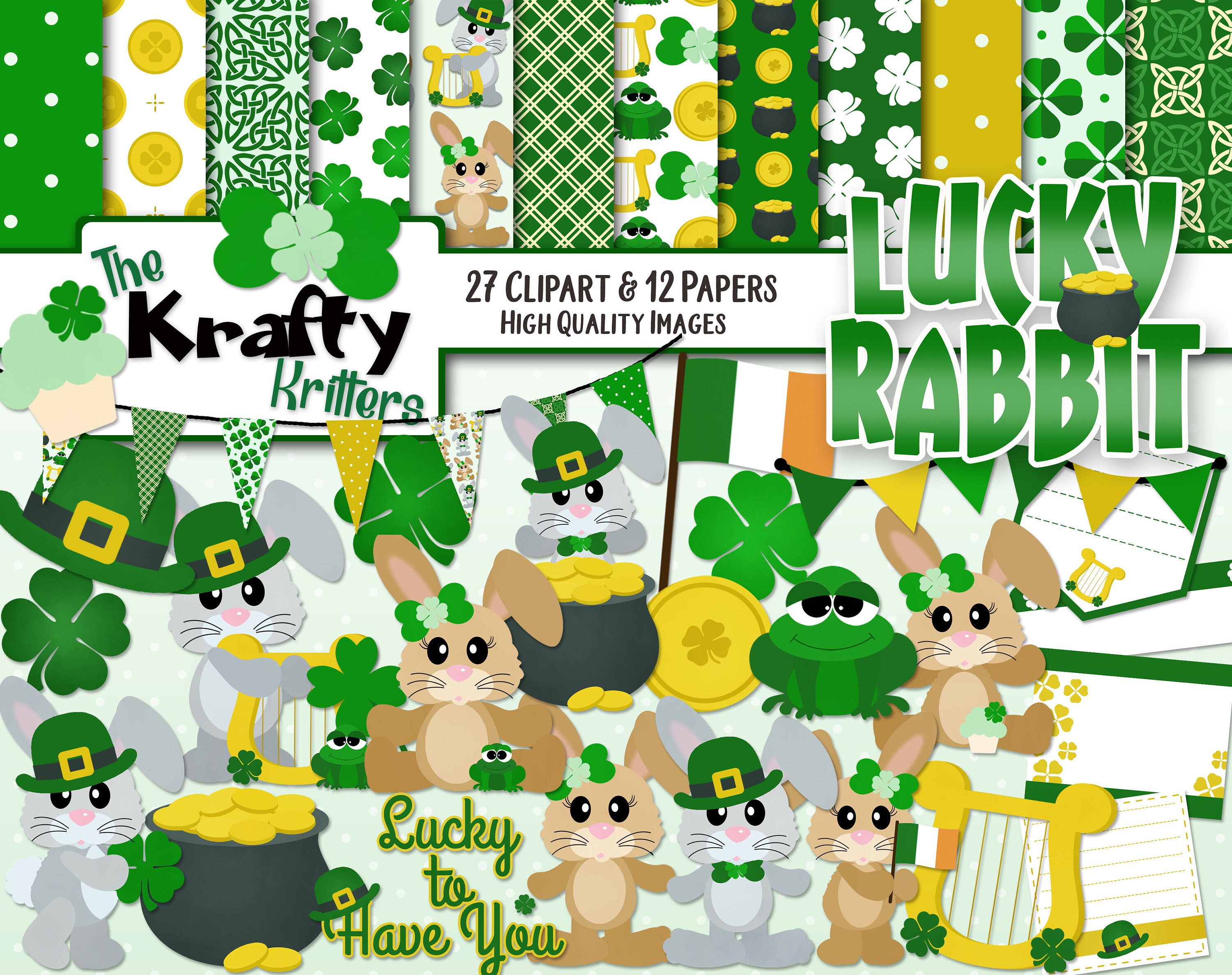 LUCKY RABBIT Clipart & Papers Kit, 27 Png Cliparts, 12 Jpeg Papers ...