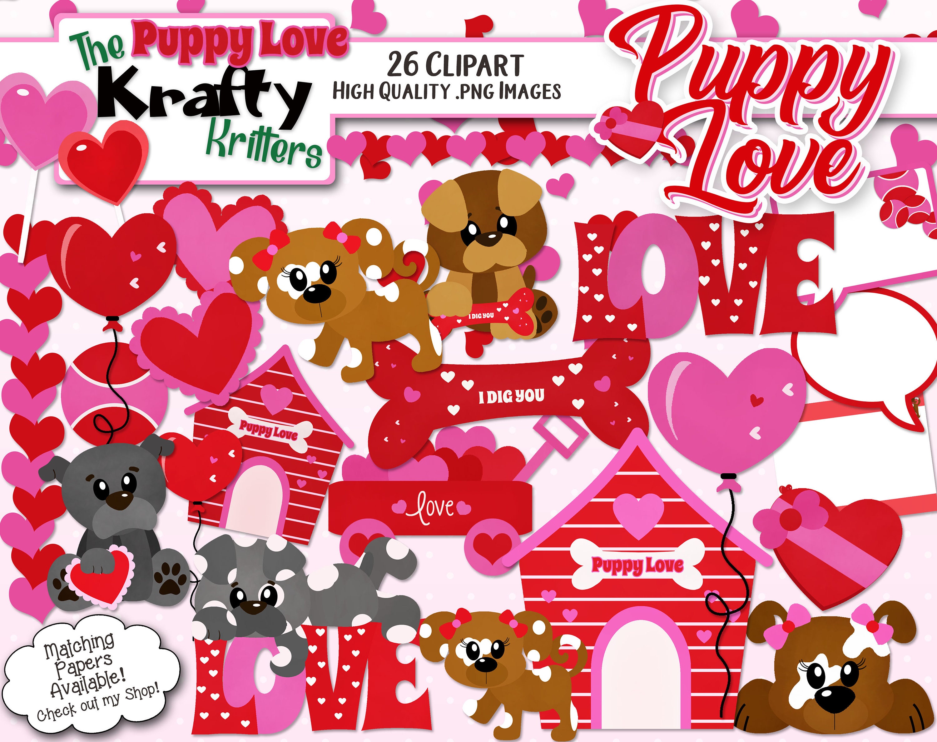 PUPPY LOVE Clipart & Papers Kit 26 Png Cliparts 12 Jpeg - Etsy