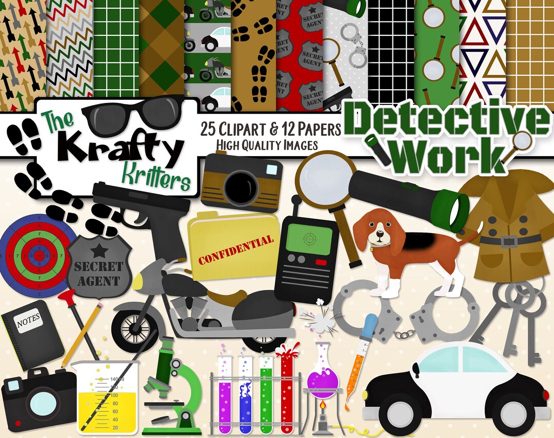 DETECTIVE Clipart & Papers Kit, 25 Png Cliparts, 12 Jpeg Papers Instant ...