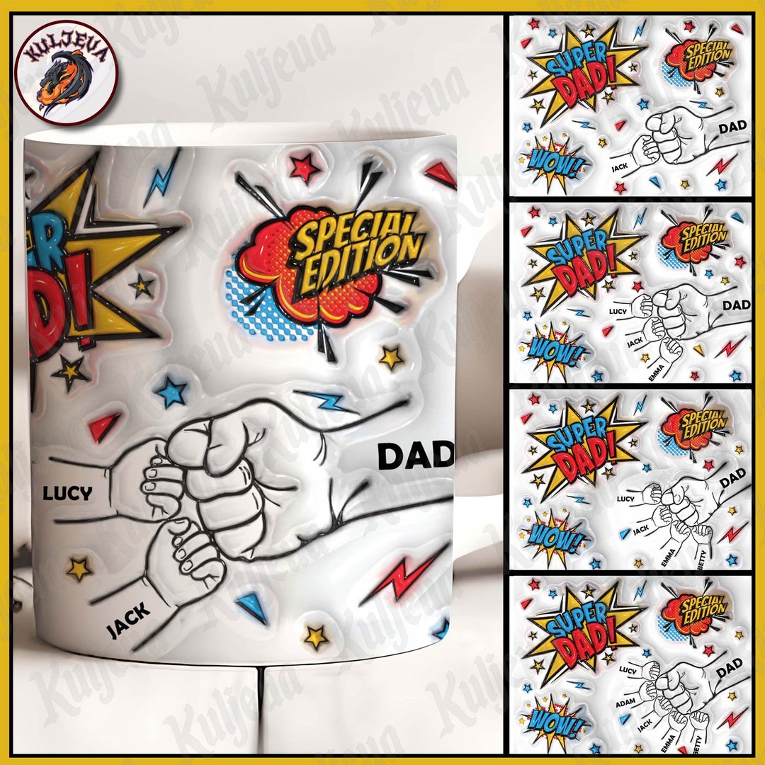 1-5 Kids Fathers Day Fist Bump 3D Inflated Mug Wrap 11oz Design, Custom Super Dad Gift ...