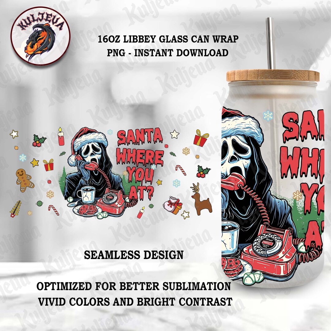 Christmas Scream Santa Where You at 16oz Glass Can Wrap, Neon Scary ...