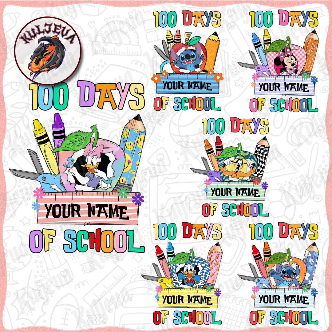 8 Cartoon Custom 100 Days of School Bundle PNG, School 100th Day ...