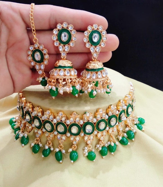 Kundan Choker Set indische Halskette Kundan Tikka Ohrringe Jhumka indischer Schmuck pakistanische Schmuck Punjabi Schmuck Etsy