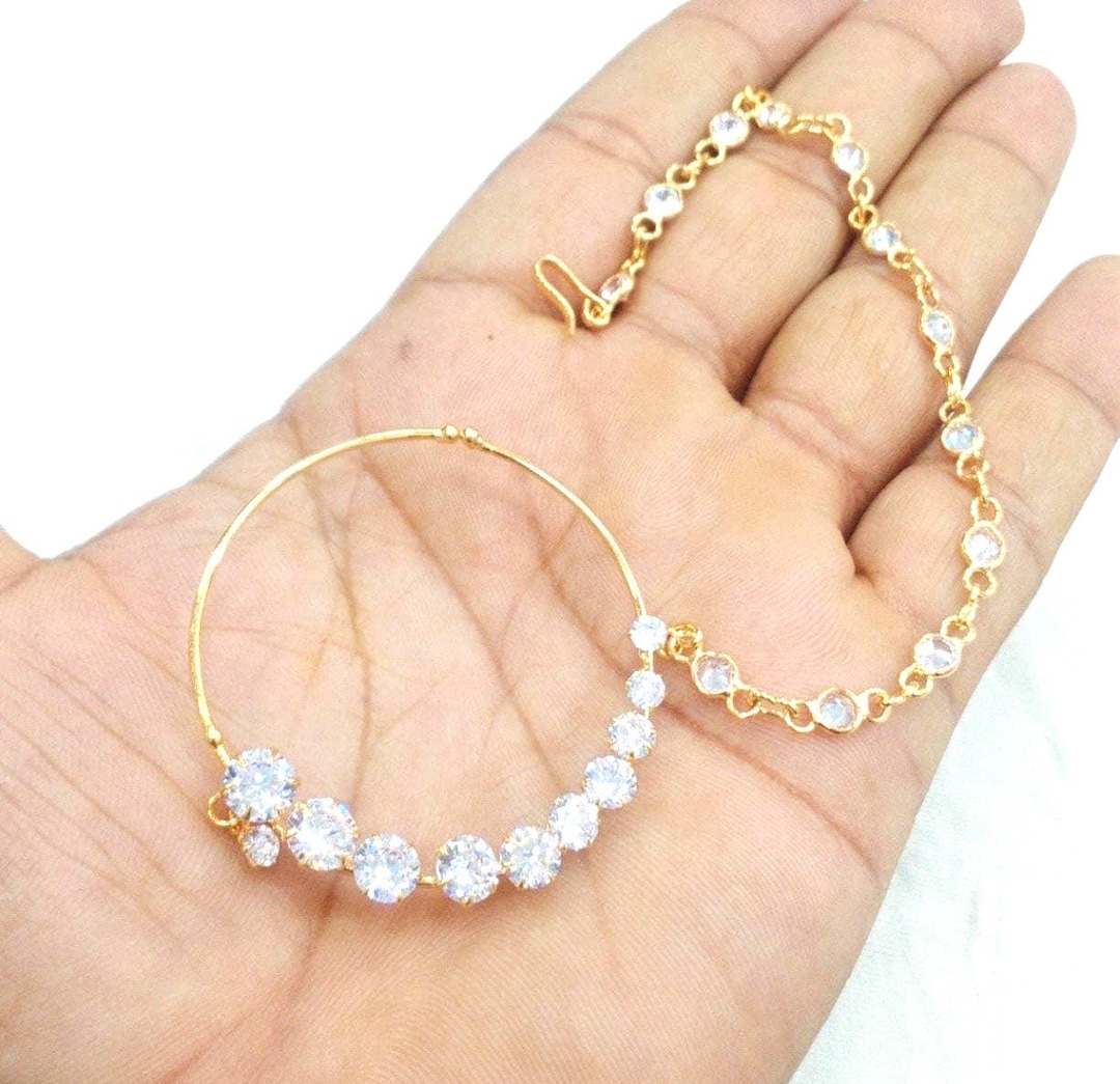 CZ Diamond Nose Ring Nose Ring/nose to Ear Chain/clip On/diamond Chain ...