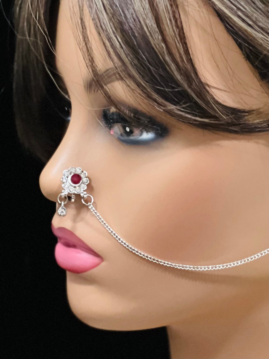 Silver Nose to Ear Chain/ Clip On/ Beaded Chain Jewelry/ Gold Kundan ...