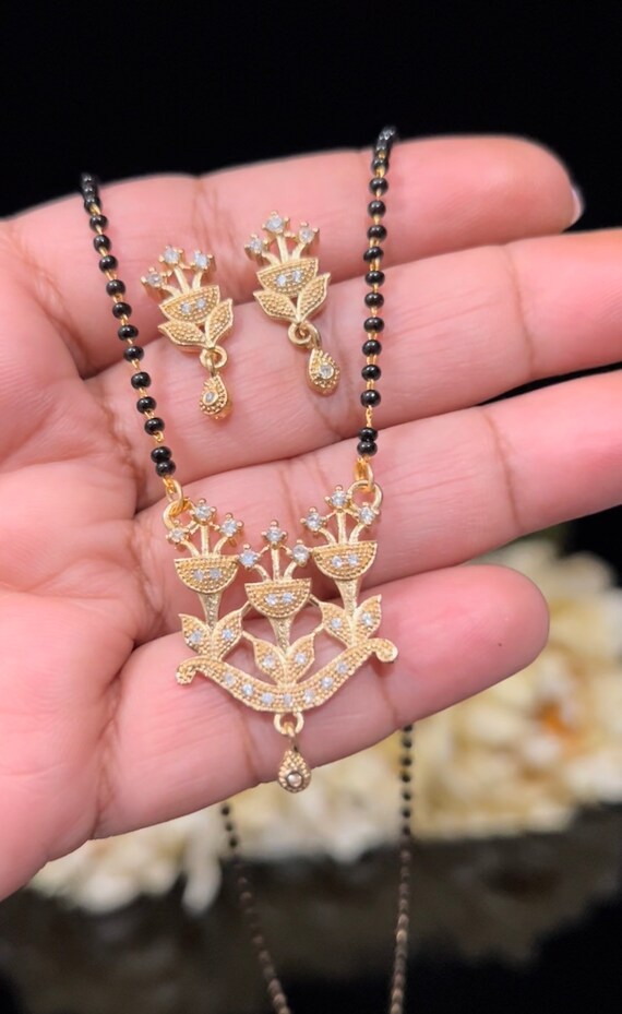 American Diamond Gold Plated Mangalsutra Earrings Mangalsutra Black Beaded Mangalsutra Mangalsutra Replica Etsy