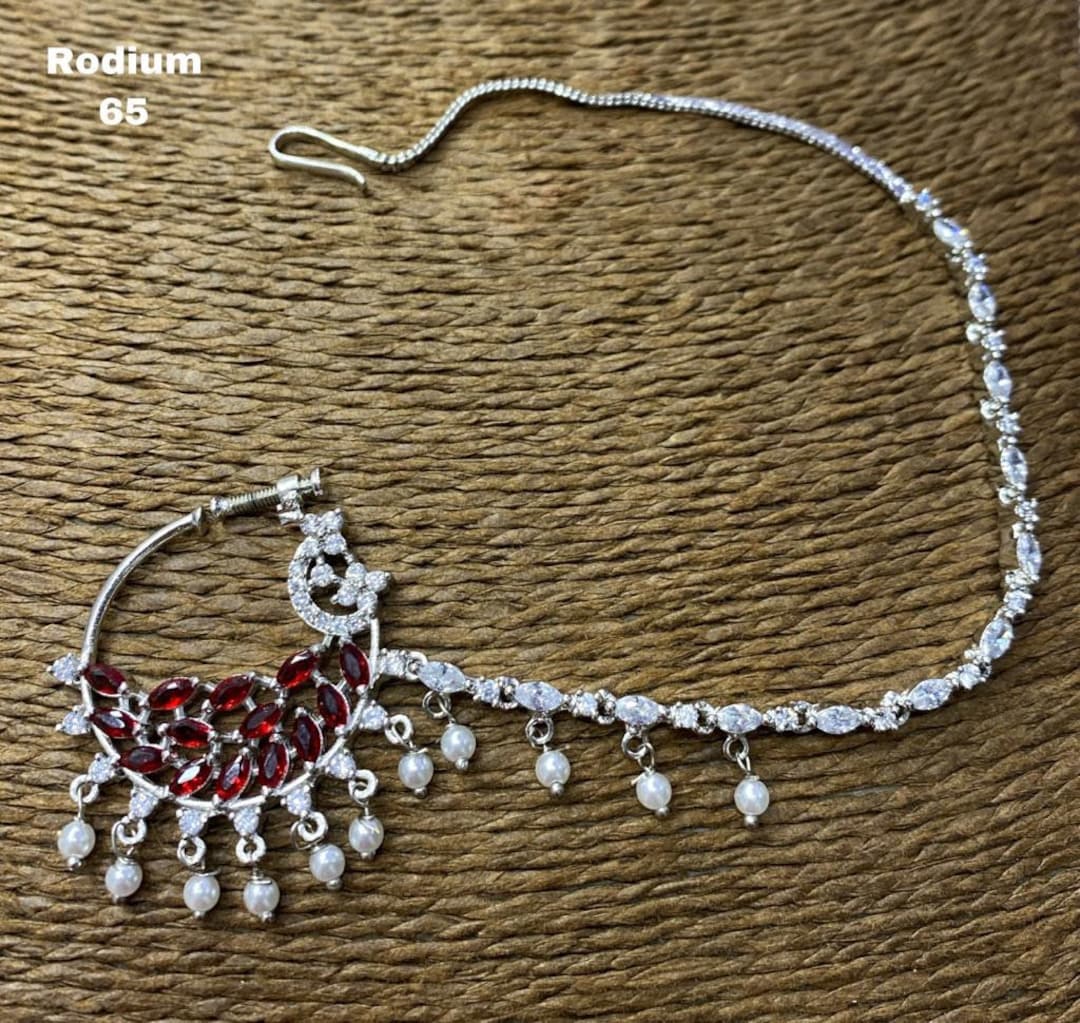 Red Diamond Nose Ring/silver Nose to Ear Chain/diamond Chain Jewelry ...
