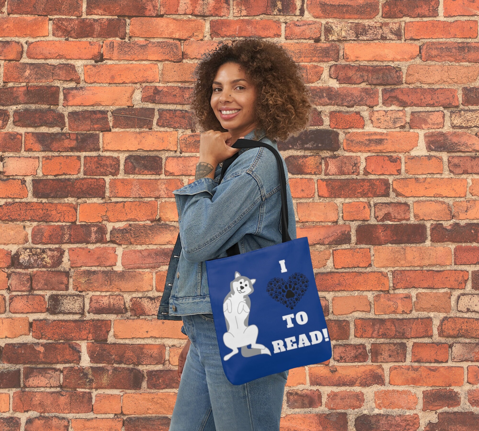 I Love to Read Dog Paw Print Husky Library Book Bag Polyester Canvas ...
