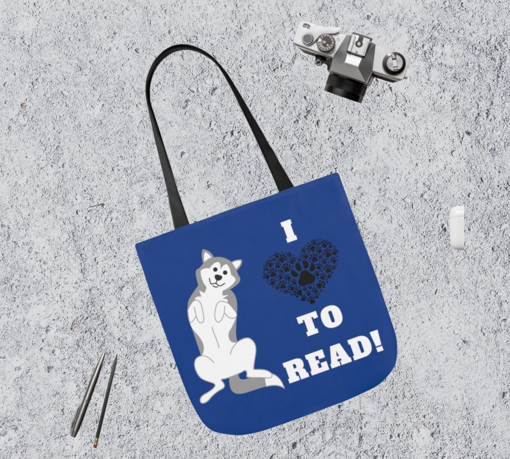 I Love to Read Dog Paw Print Husky Library Book Bag Polyester Canvas ...