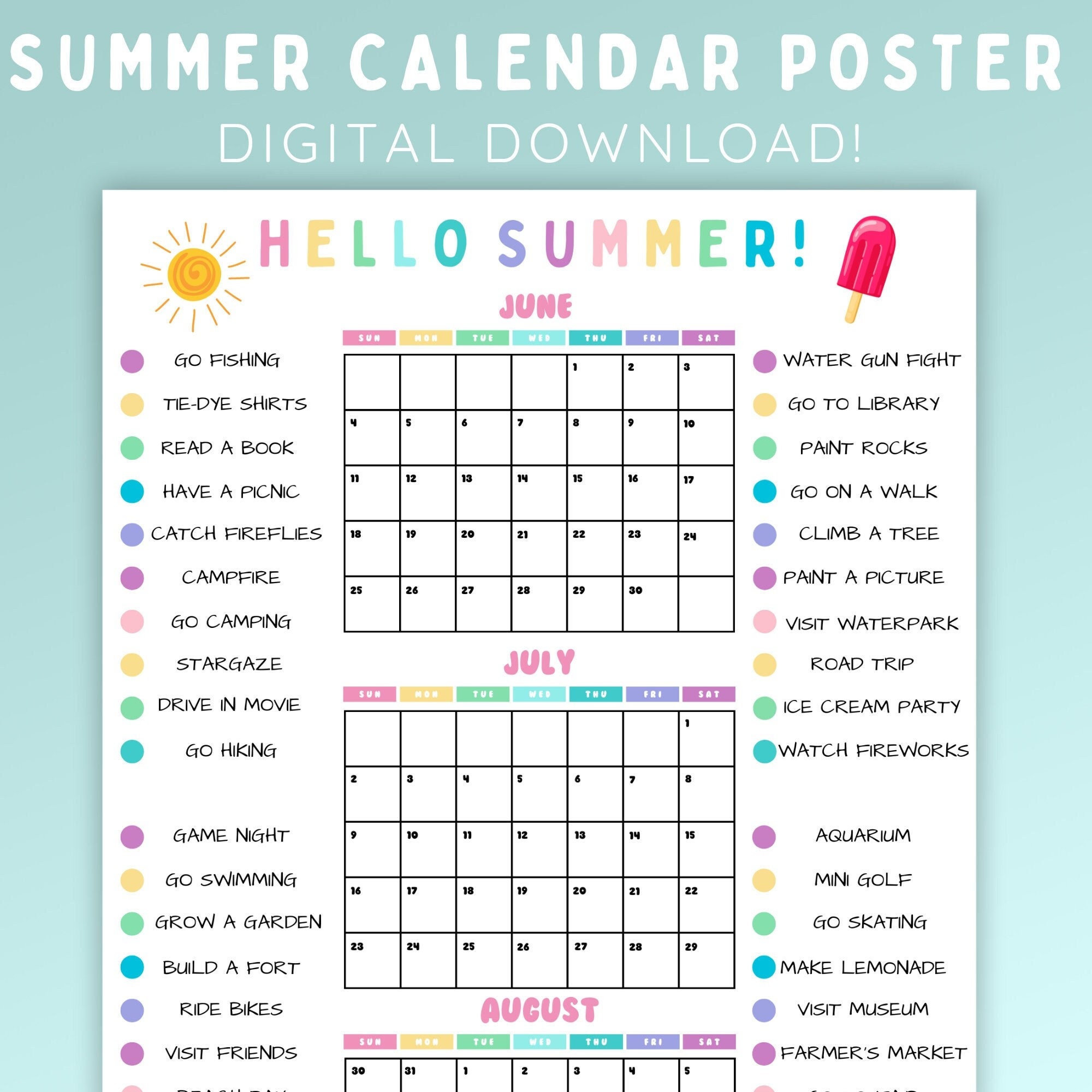 Summer Calendar Printable - Etsy