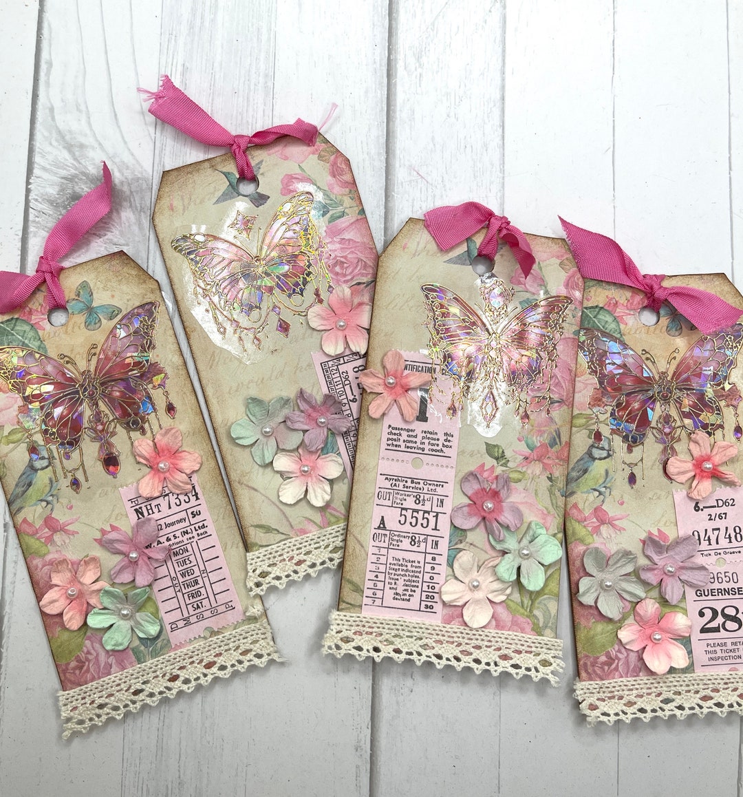 Handmade Gift Tags Pink Butterfly Set of 4 Junk Journal Tag Set Pretty ...