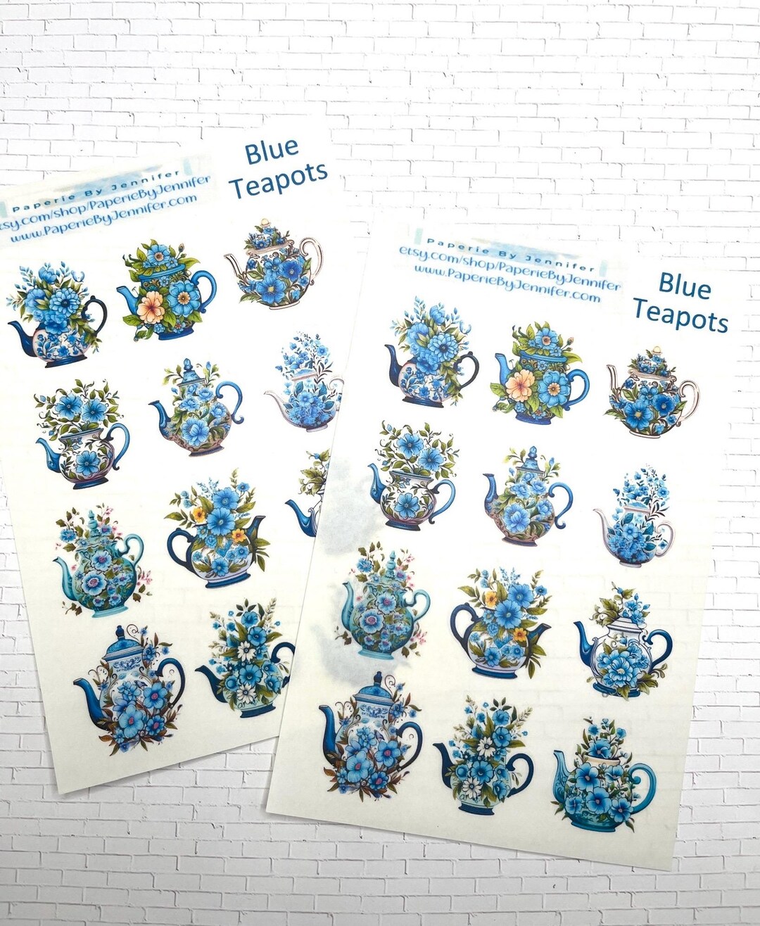 Art Stickers Blue Floral Teapots 2 Sheets 24 Stickers Journal ...