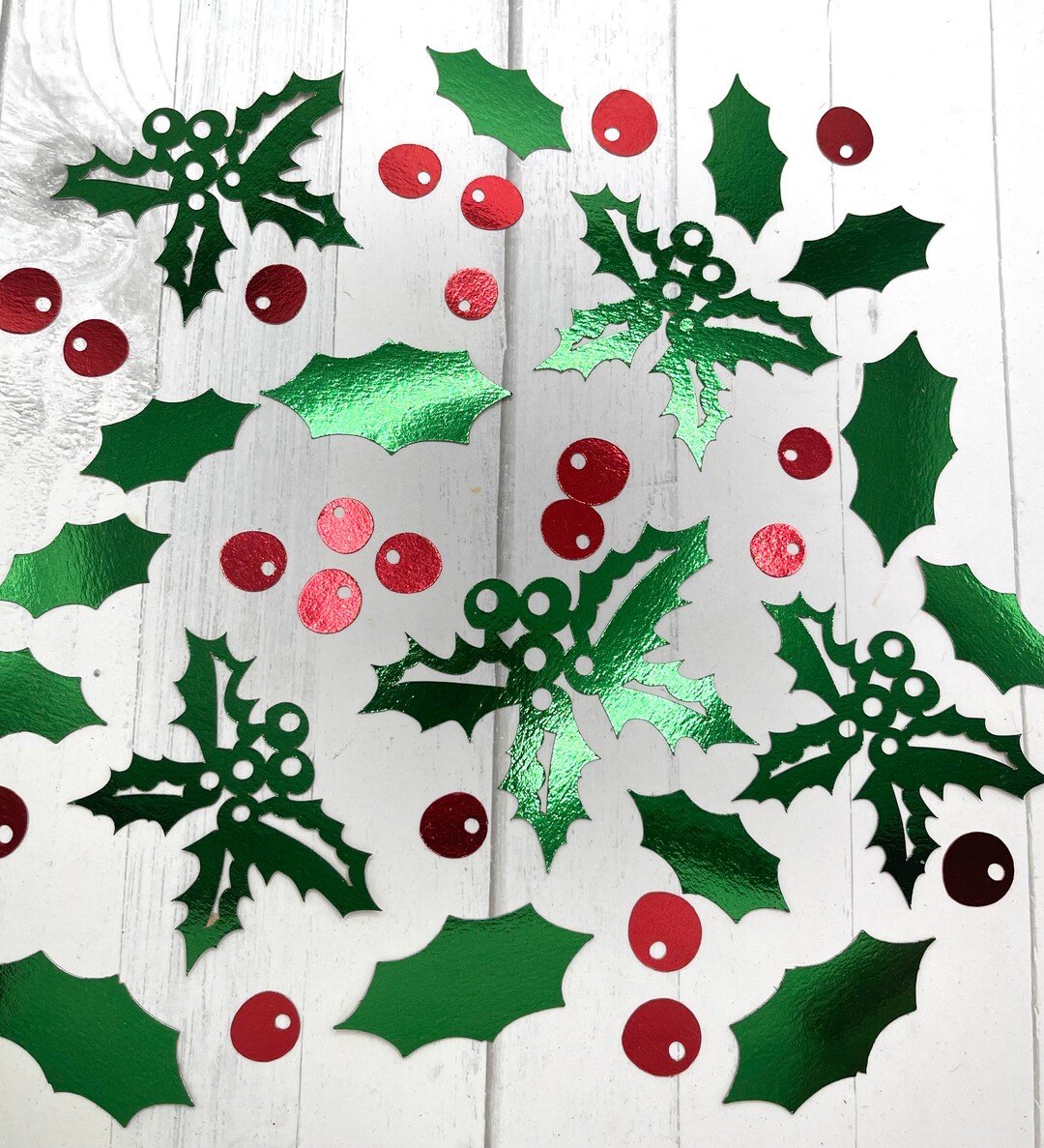 Die Cuts Christmas Holly Leaves Berries 46 Pieces Green Red Mirror ...
