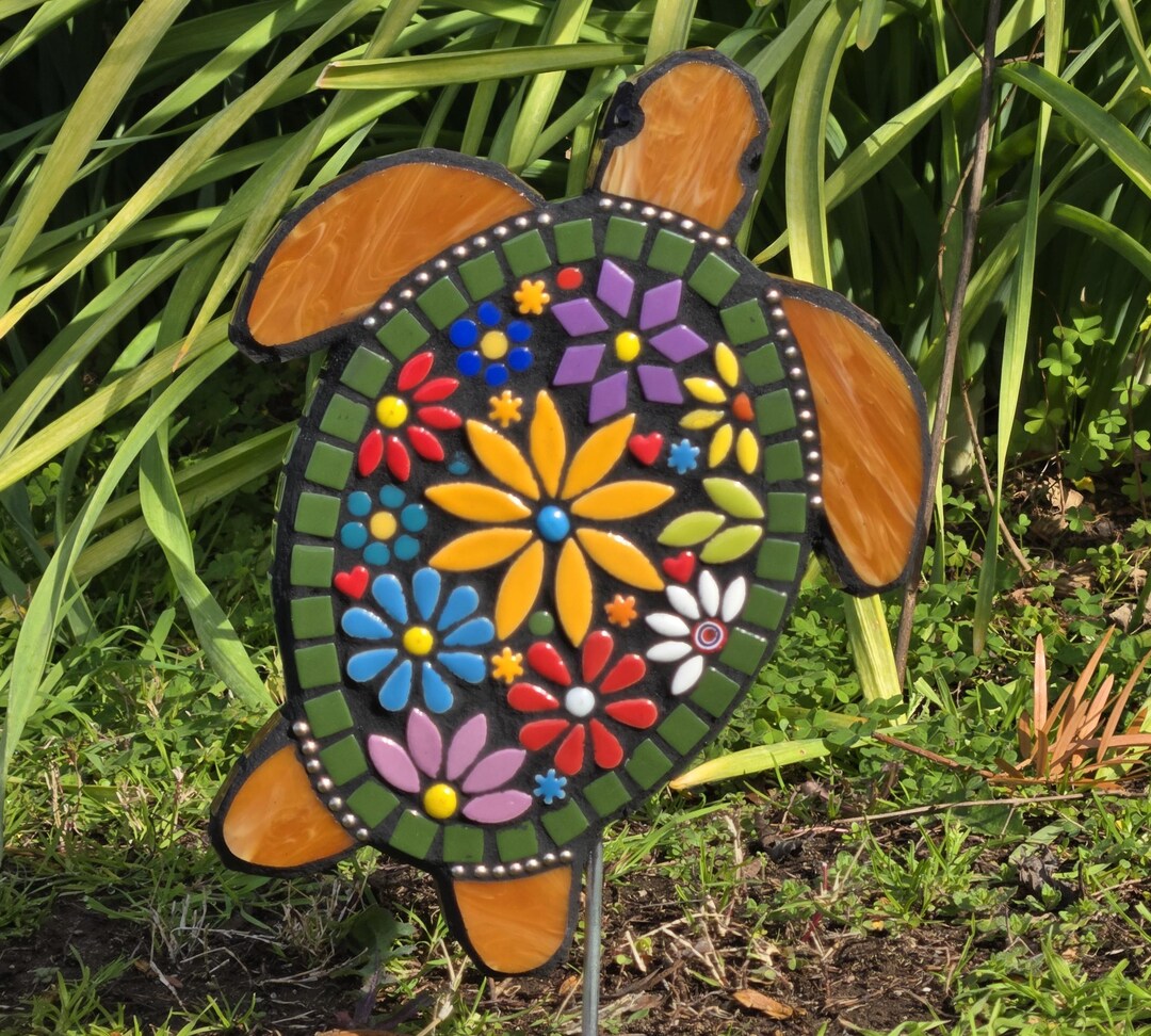 Mosaic Sea Turtle Yard Art With Floral Covered Shell - Etsy