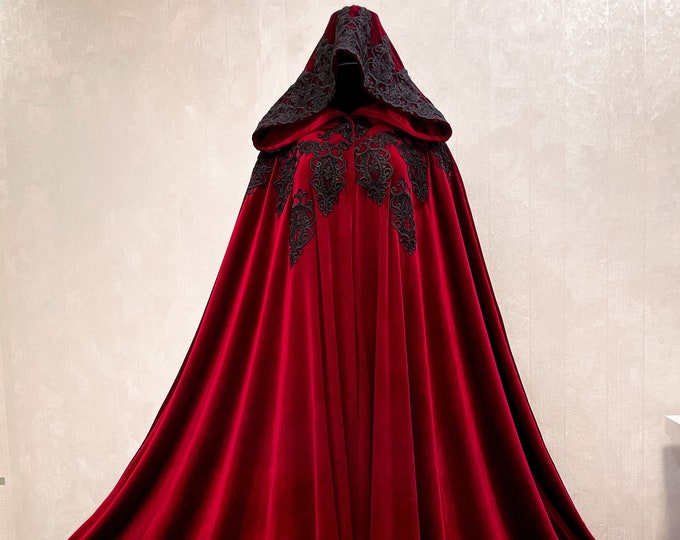 Red Hooded Cloak Vintage Long Capes Velvet Halloween Costumes Viking ...