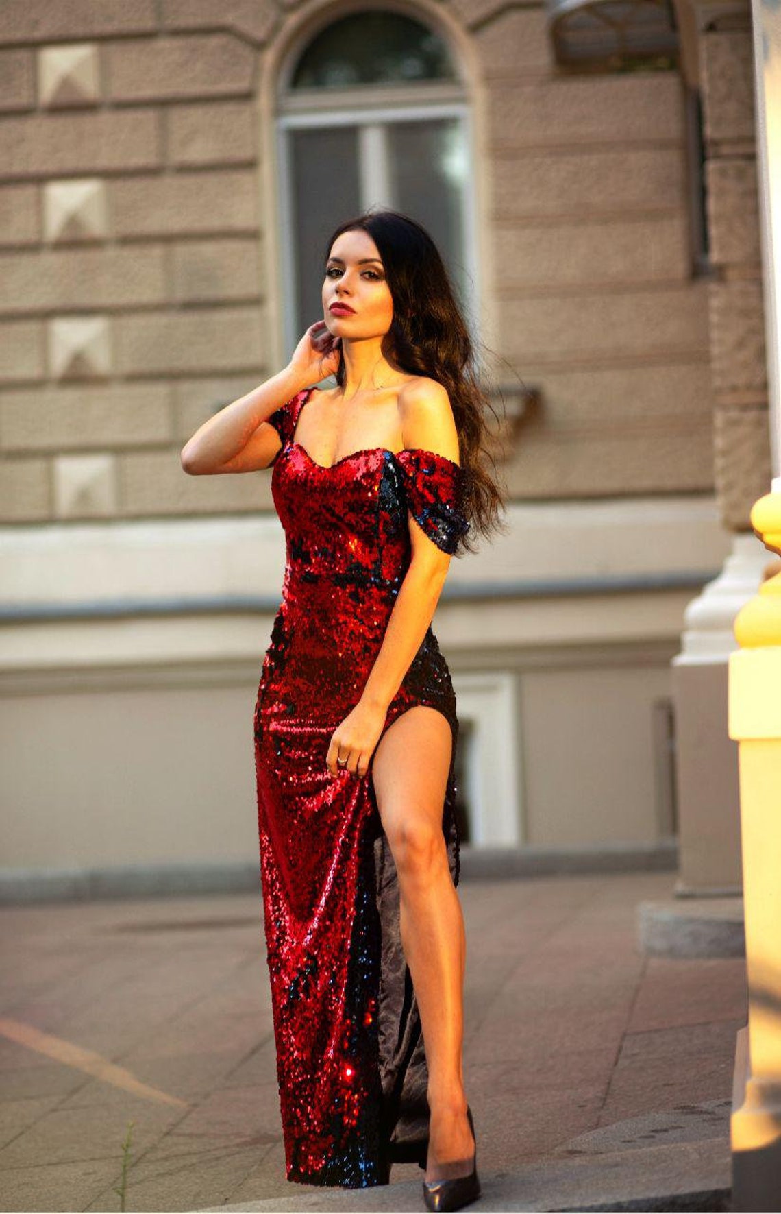 Red Evening Gown Slit Evening Dress Long Sequin Dress for - Etsy UK