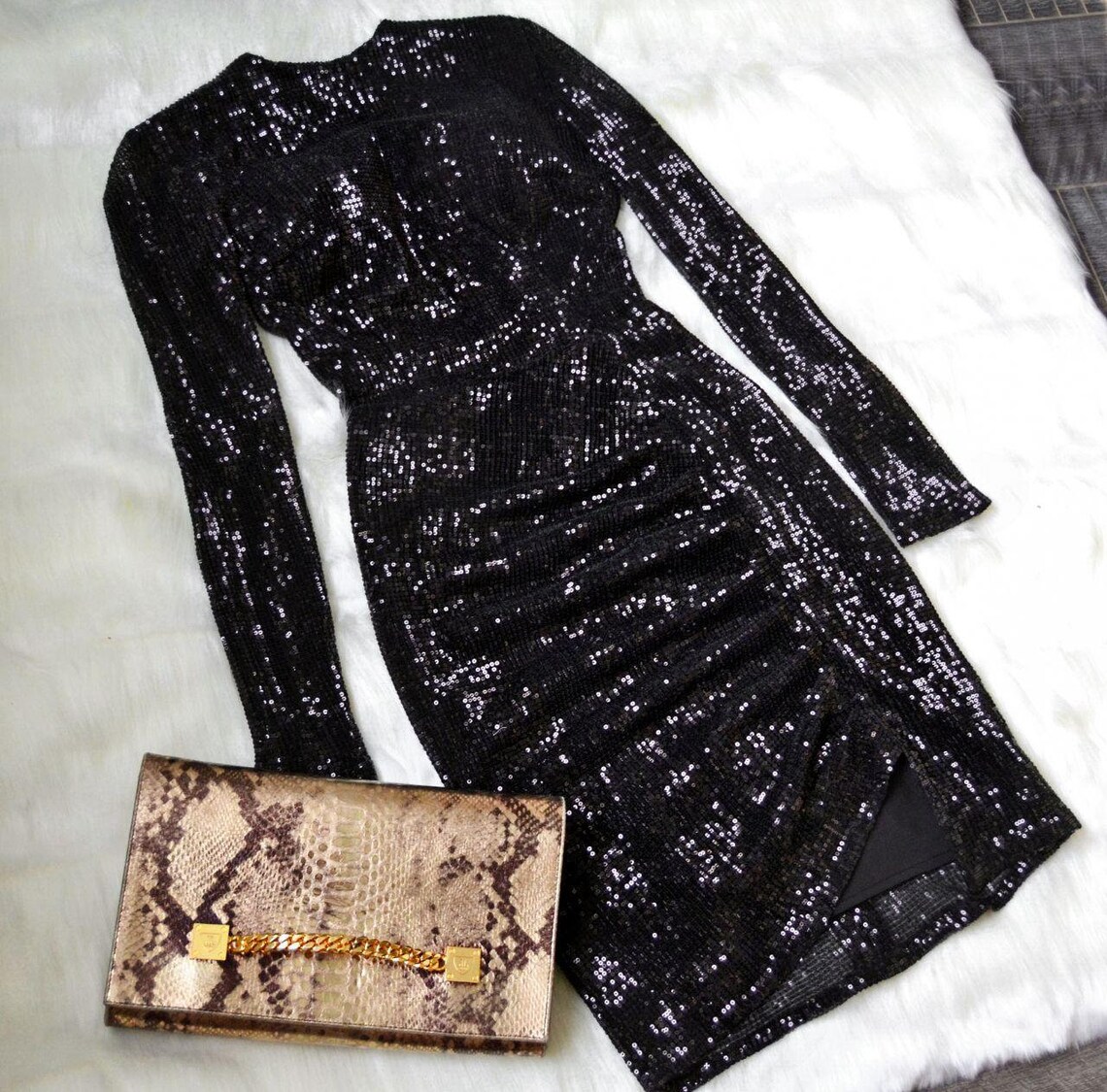 Black Sequin Evening Dress Long Sleeve Gown Mid-length Dress - Etsy