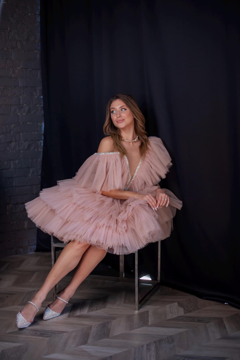 Pink Tulle Ruffle Mini Dress : Short Formal Elopement Dress, Custom ...