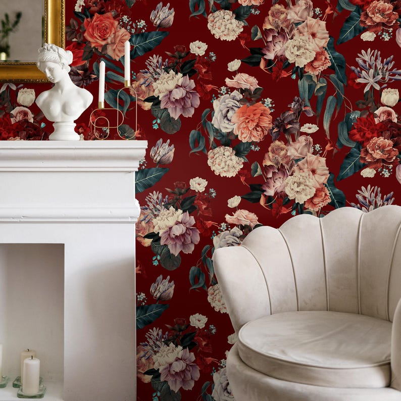 Floral Wallpaper in Red, Cream, and Teal on Cream - Peel and Stick ...