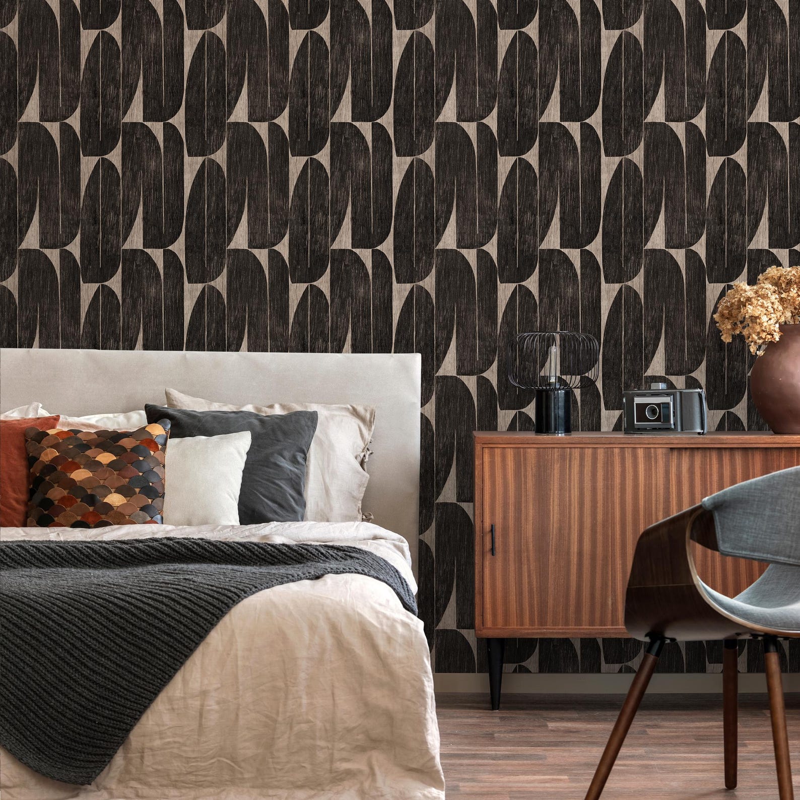 Abstract Wallpaper With Bold Curved Shapes in Black and Beige - E485 - Etsy